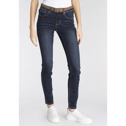 DELMAO Damen Slim-fit-Jeans, blau, Basic, Gr. 34, bestickt, kontrastfarbene Details, Denim/Jeans, Obermaterial: 74% Baumwolle, 24% Polyester, 2%