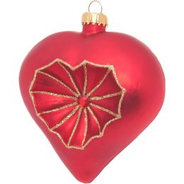Christbaumschmuck "Reflexherz, Rot Satin, 9cm", B:12cm H:8cm T:12cm, rot, KREBS GLAS LAUSCHA, Weihnachtsbaumschmuck, Christbaumschmuck aus Glas,