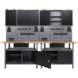 ONDIS24 Werkstatt-Set, B:240cm H:205cm T:60cm, schwarz, Werkb&auml;nke, 2x Werkbank, 2x Werkstattschrank, 2x Lochwand