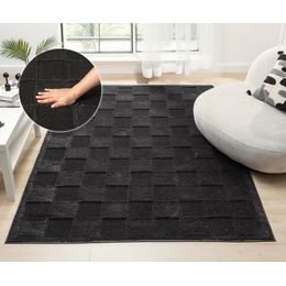 Teppich OTTO HOME, B:200cm H:19mm L:300cm, schwarz, Kunstfaser, Wohnzimmer, Teppiche, "Belion, Hoch-Tief-Struktur, Karo-Muster", leichter Glanz,