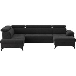 Wohnlandschaft COTTA, B:324cm H:100cm T:207cm, schwarz, Sofas, "Hudson U-Form, B: 324 cm", mit Kopfteilverstellung, wahlweise mit Bettfunktion &