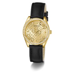 Guess Damen Quarzuhr "BOA", schwarz, Armbanduhren, Armbanduhr, Damenuhr, Lederarmband, Kristallsteine