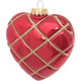 Christbaumschmuck "Herz mit Karo in Gold Glitter", B:12cm H:8cm T:12cm, rot, KREBS GLAS LAUSCHA, Weihnachtsbaumschmuck, Christbaumschmuck aus Glas,