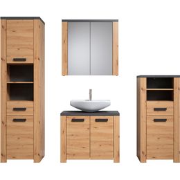 Badezimmer-Set Welltime, B:215cm H:196cm T:35cm, braun, Holzwerkstoff, Kastenmöbel-Sets, "Ambres", Komplettset: Hochschrank, Spiegelschrank, Kommode