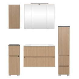 Badmöbel-Set Welltime, B:140cm H:200cm T:47cm, braun, Spanplatte, Kastenmöbel-Sets, "EIXO, 5tlg.-Set: Spiegelschrank, Waschtisch und Beimöbel", Set