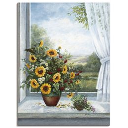 Wandbild Artland, B:60cm H:80cm T:1,8cm, blau, Leinwand, Wohnzimmer, Bilder, "Sonnenblumen am Fenster", als Leinwandbild, Poster, Wandaufkleber in