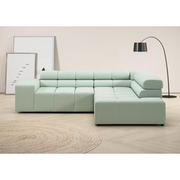 Ecksofa Inosign, B:249cm H:70cm T:215cm, grün, 100% Polyester, Wohnzimmer, Sofas, "Ancona, incl. Kopfteilverstellung + 3 Zierkissen, L-Form, Breite