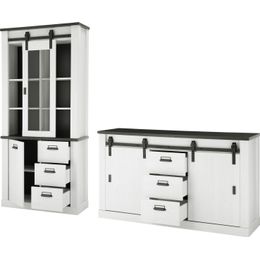 Wohnwand Home Affaire, B:275cm H:201cm T:43cm, wei&szlig;, Wohnzimmer, Kastenm&ouml;bel-Sets, "SHERWOOD", Scheunentorbeschlag und Apothekergriffe aus Metall,