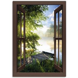 Wandbild Artland, B:50cm H:70cm, braun, Wohnzimmer, Bilder, "Fensterblick Angelsteg am Fluss", als Alubild, Leinwandbild, Poster in verschied. Gr&ouml;&szlig;en