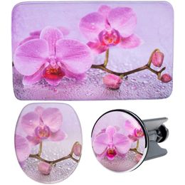 Badaccessoire-Set Sanilo, pink, Kunststoff, MDF, Polyester, Badaccessoires-Sets, "Blooming", bestehend aus WC-Sitz, Badteppich und Waschbeckenstöpsel