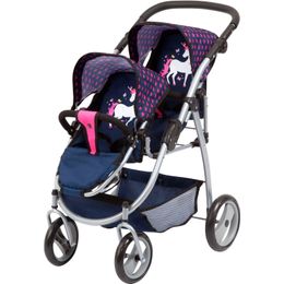 BAYER Kinder Zwillingspuppenwagen "mit Sonnendach"einhorn blau, pink, Kunststoff, Metall, Polyester, B:46cm H:73cm T:63cm, Puppenwagen