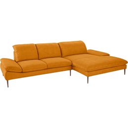 Ecksofa W.Schillig, B:340cm H:87cm T:185cm, gelb, Chenille-Flachgewebe R66 (85% Polyester, 15% Nylon);Longlife Xtra-Leder Z59: Glattleder mit