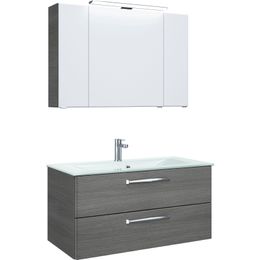 Badm&ouml;bel-Set SAPHIR, grau, Kastenm&ouml;bel-Sets, "Trentino 2-teilig Glas-Waschtisch, Spiegelschrank mit LED-Leuchte", Badm&ouml;bel-Set 107cm breit, inkl.