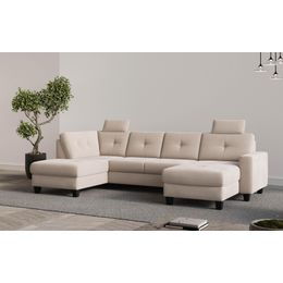 Wohnlandschaft Places of Style, B:304cm H:91cm T:170cm, beige, 100% Polyester, Sofas, "Varese", wahlweise mit Bettfunktion und Bettkasten
