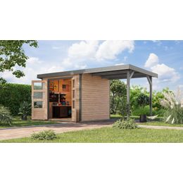 Gartenhaus Karibu, beige, Holz, Stahl, Gartenh&auml;user, ""Jupiter 3 A" SET naturbelassen, mit Anbaudach 2,35 m breit", hochwertige Materialien: