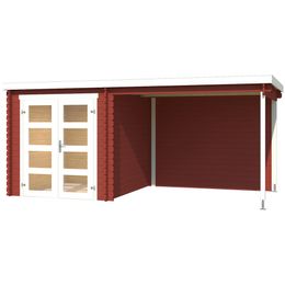 Gartenhaus Lasita Maja, rot, Holzwerkstoff, Gartenh&auml;user, "Long Beach", Blochbohlenhaus 28mm Anbau, Fundamentmass 4722x2300, Schwedenrot