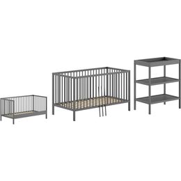 Babymöbel-Set Vipack, grau, Schlafzimmermöbel-Sets, "Dino ist das ideale Start Set für Ihr Kind aus massiver Buche", Baby-/Juniorbett u. Wickelregal