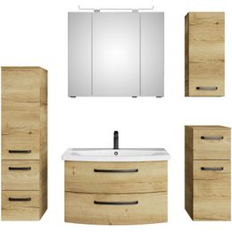 Badmöbel-Set SAPHIR, B:144cm H:200cm T:45cm, braun, Spanplatte, Kastenmöbel-Sets, "Serie 4010 5-teilig Keramik-Waschtisch mit LED-Spiegelschrank",