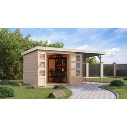 Gartenhaus Karibu, beige, Holz, Stahl, Gartenhäuser, ""Jupiter 3,5 A" SET naturbelassen, mit Anbaudach 2,35 m breit", hochwertige Materialien: