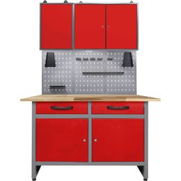 ONDIS24 Werkstatt-Set, B:120cm H:205cm T:60cm, rot, Werkb&auml;nke, 120 cm, mit Lochwandsystem inkl. Haken, mit LED