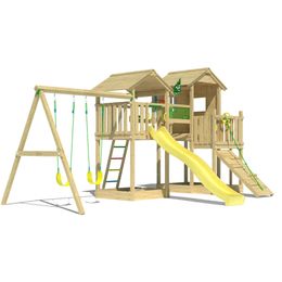 Jungle Gym Kinder Spielturm "Stronghold", gelb, Holzwerkstoff, B:394cm H:310cm T:626cm, Spieltürme, Spielanlage mit 2 Türmen, Schaukel und Rutsche