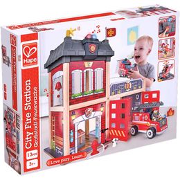 HAPE Kinder Spiel-Feuerwehrwache "Großstadt-Feuerwache", bunt, Holz, Kunststoff, B:60cm H:48cm T:30cm, Fahrzeug-Spielwelten, aus Holz