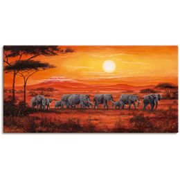 Wandbild Artland, B:150cm H:75cm T:1,8cm, orange, Leinwand, Wohnzimmer, Bilder, "Elefantenherde", als Leinwandbild, Poster, Wandaufkleber in