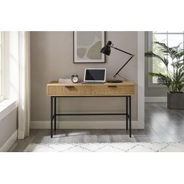 Schreibtisch Salesfever, B:120cm H:75cm T:60cm, beige, MDF, Eiche Echtholzfurnier, Metall (Eisen), Büro, Tische, "Visby Design-Schreibtisch für