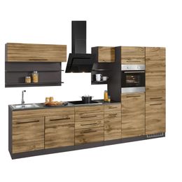 K&uuml;chenzeile KOCHSTATION, B:330cm T:60cm, braun, Komplettk&uuml;chen-Sets, "KS-Tulsa", mit E-Ger&auml;ten, Breite 330 cm, schwarze Metallgriffe, MDF Fronten