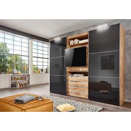 Schwebet&uuml;renschrank wimex, B:300cm H:236cm T:65cm, grau, Schr&auml;nke, "Magic by fresh to go", tolles EXTRA: mit drehbarem TV-Element, Fronten aus Glas