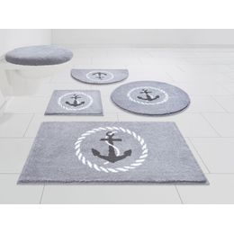 Badematte Grund, H:20mm, silber, Kunstfaser, Badematten, "Port Louis", Design mit Anker, maritim, Made in Europe