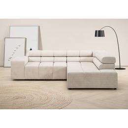 Ecksofa Inosign, B:249cm H:70cm T:215cm, weiß, 95% Polyester, 5% Nylon, Wohnzimmer, Sofas, "Ancona, incl. Kopfteilverstellung + 3 Zierkissen, L-Form,