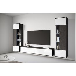 Wohnwand Inosign, schwarz-wei&szlig;, Glas, Hartfaserplatte, Holzwerkstoff, Kunststoff, Wohnzimmer, Kastenm&ouml;bel-Sets, "Kenia, Vitrine T&uuml;ranschlag