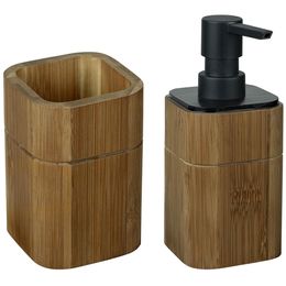 Badaccessoire-Set Wenko, braun, Bambus, Kunststoff, Badaccessoires-Sets, "Modell Serro", Seifenspender und Zahnb&uuml;rstenhalter aus stabilem Bambus