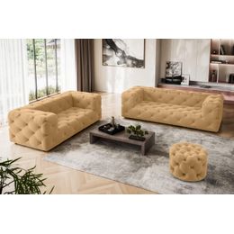 2-Sitzer Home Affaire, B:193cm H:71cm T:100cm, gold, 100% Polyester, Sofas, "FOLLINA", 2-Sitzer Sofa mit klassischer Chesterfield-Knopfheftung