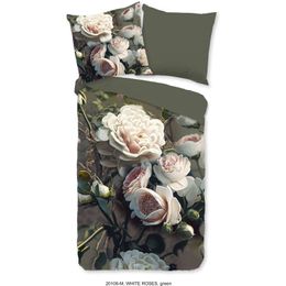 Wendebettwäsche, grün, PURE LUXURY COLLECTION, Microfaser, Obermaterial: 100% Polyester, Bettwäsche, "White Roses", Mikrofaser, 135x200, 2 Teilig,