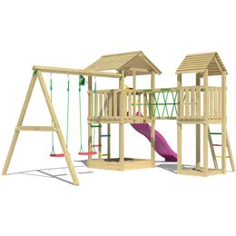 Jungle Gym Kinder Spielturm "Nova", pink, Holzwerkstoff, B:524cm H:280cm T:350cm, Spieltürme, Spielanlage mit 2 Türmen, Schaukel und Rutsche mit