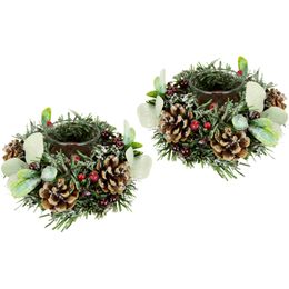 I.GE.A. Teelichthalter "Weihnachtsdeko, Kerzenhalter", B/H/T: 15cm x 7cm x 15cm, grün, Kerzenhalter, mit Zapfen, Beeren und Mistel beschneit, inkl.