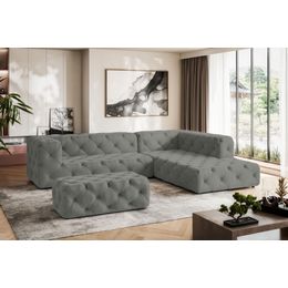 Ecksofa Home Affaire, B:325cm H:71cm T:228cm, grau, 100% Polyester, Wohnzimmer, Sofas, "FOLLINA", L-Form, mit klassischer Chesterfield-Knopfheftung