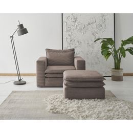 Sitzgruppe Home Affaire, B:110cm H:83cm T:161cm, braun, Wohnzimmer, Sitzmöbel-Sets, "PIAGGE", Hochwertiger Cord, Sessel und Hocker klein im Set
