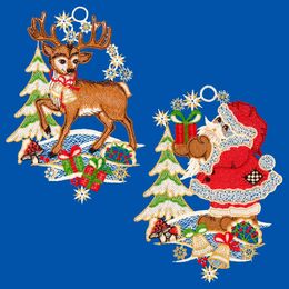 Fensterbild, B:16cm H:21cm, bunt, W. REUTER & SOHN - PLAUENER SPITZE, Polyester, Fensterbilder, "Weihnachtsmann und Hirsch", Made in Germany