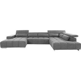 Wohnlandschaft COTTA, B:409cm H:73cm T:225cm, grau, 100% Polyester, Sofas, "Orion U-Form", mit Kopfteilverstellung & 6 Nierenkissen