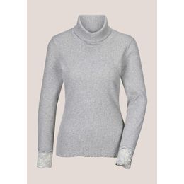 Madeleine Mode MADELEINE Damen Langarmshirt "Rollkragenshirt Elegantes Basicshirt mit Spitze, Rollkragen", grau, Gr. 44, Obermaterial: 74% Wolle mw. 10% Polyester