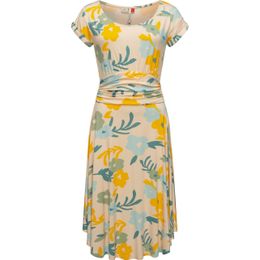 Ragwear Damen Sommerkleid "Yvone Flowers", beige, Gr. L, 95% Viskose, 5% Elasthan, Kleider, Leichtes Jersey-Kleid mit Tailleng&uuml;rtel