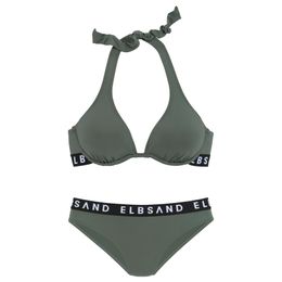 ELBSAND Damen B&uuml;gel-Bikini, gr&uuml;n, Gr. 38, unifarben mit Farbeinsatz, Microfaser, Bikini-Sets, mit kontrastfarbenen Markenschriftz&uuml;gen