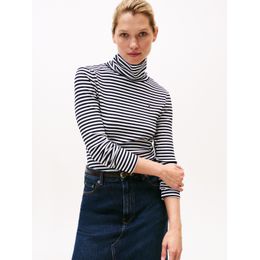Tommy Hilfiger Damen Langarmshirt "SLIM 5X2 RIB ROLL-NK LS", blau, Basic, Gr. XXL, gestreift, Rippware, Obermaterial: 95% Viskose, 5% Elasthan,