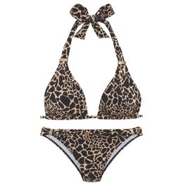 Lascana Damen Triangel-Bikini "Zaba", schwarz, Gr. 36, Animalprint, Recycling-Polyamid, Bikini-Sets, Goldfarbene Zieraccessoires an Top und Hose