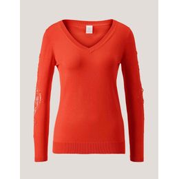 Madeleine Mode MADELEINE Damen Longpullover "Pullover Pullover mit V-Ausschnitt und Spitzeneinsatz", orange, Gr. 36, Obermaterial: 72% Viskose CV. 28% Polyamid PA.,