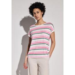 Street One Damen T-Shirt, beige, Gr. 46, gestreift, Stoff, 80% Polyester, 20% Viskose, Shirts, aus softem Materialmix
