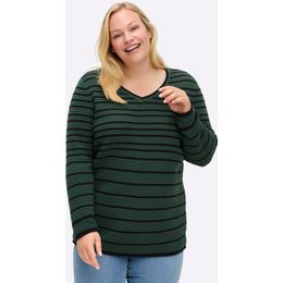 sheego Damen V-Ausschnitt-Pullover "V-Pullover", schwarz, Gr. 48, gemustert, gestreift, mehrfarbig, 100% Baumwolle, Pullover